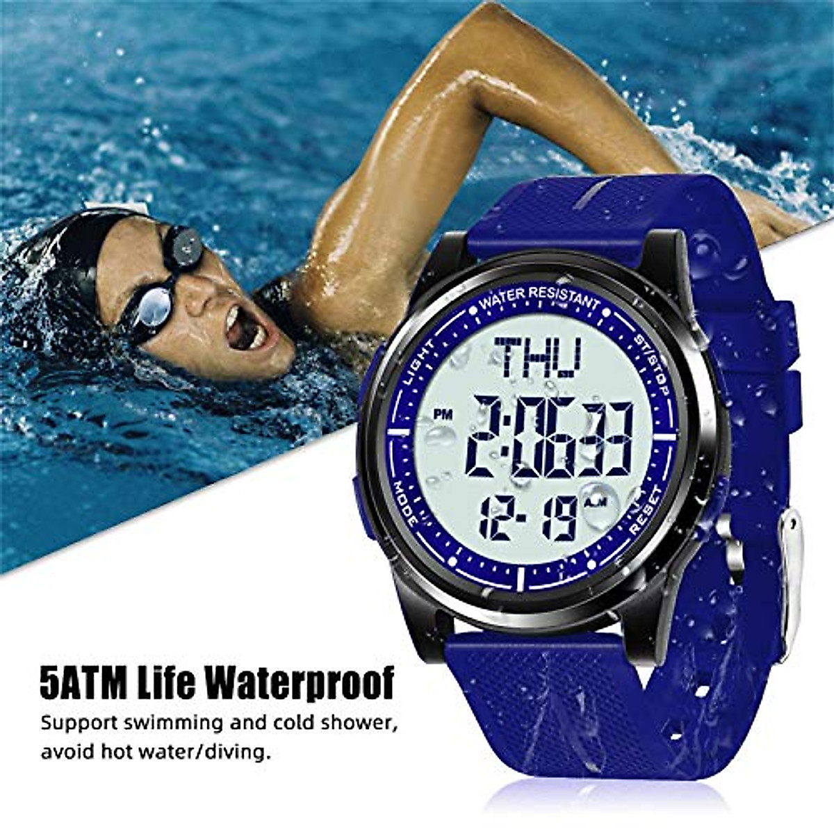 Beeasy Mens Digital Watch Waterproof with Alarm Stopwatch Countdown Timer Dual Time, 12/24 Hours Thin Digital Wrist Watches for Men Women, Blue