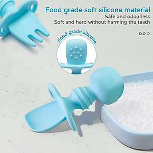 Silikong Silicone Utensils, Baby Fork and Spoon Set, Training Utensils, Baby Led Weaning Stage 1 for Ages 6 Months (Blue)
