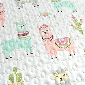Lush Decor Southwest Llama Cactus Quilt, 3 Piece Set, Twin, White & Blush - Cute Kids Reversible Print Toddler Bedding Set