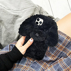 Losin Compatible with iPhone 12 Case Cute Plush Furry Dog Phone Case for Women Girls Girly 3D Cartoon Kawaii Case Soft TPU Shockproof Protective Cover Black
