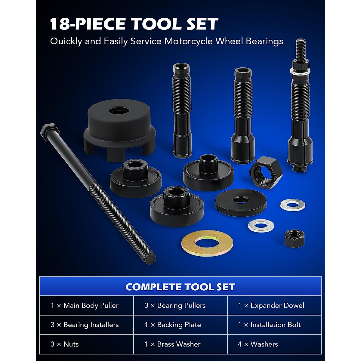 Orion Motor Tech Wheel Bearing Puller Tool Kit Compatible with Harley Davidson Motorcycles, Wheel Bearing Remover Installer Tool Set for 0.75" 1" 25mm Bearings Compatible with Hogs from 2000, 11 Pcs