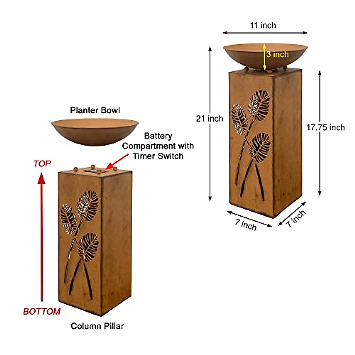 Westcharm Rustic LED Pillar Garden Statue with Planter Dish Bowl and Automatic Timer - Decorative Column Outdoor Statue with Leaves Motif for Home Yard Patio Outdoors Garden Decoration