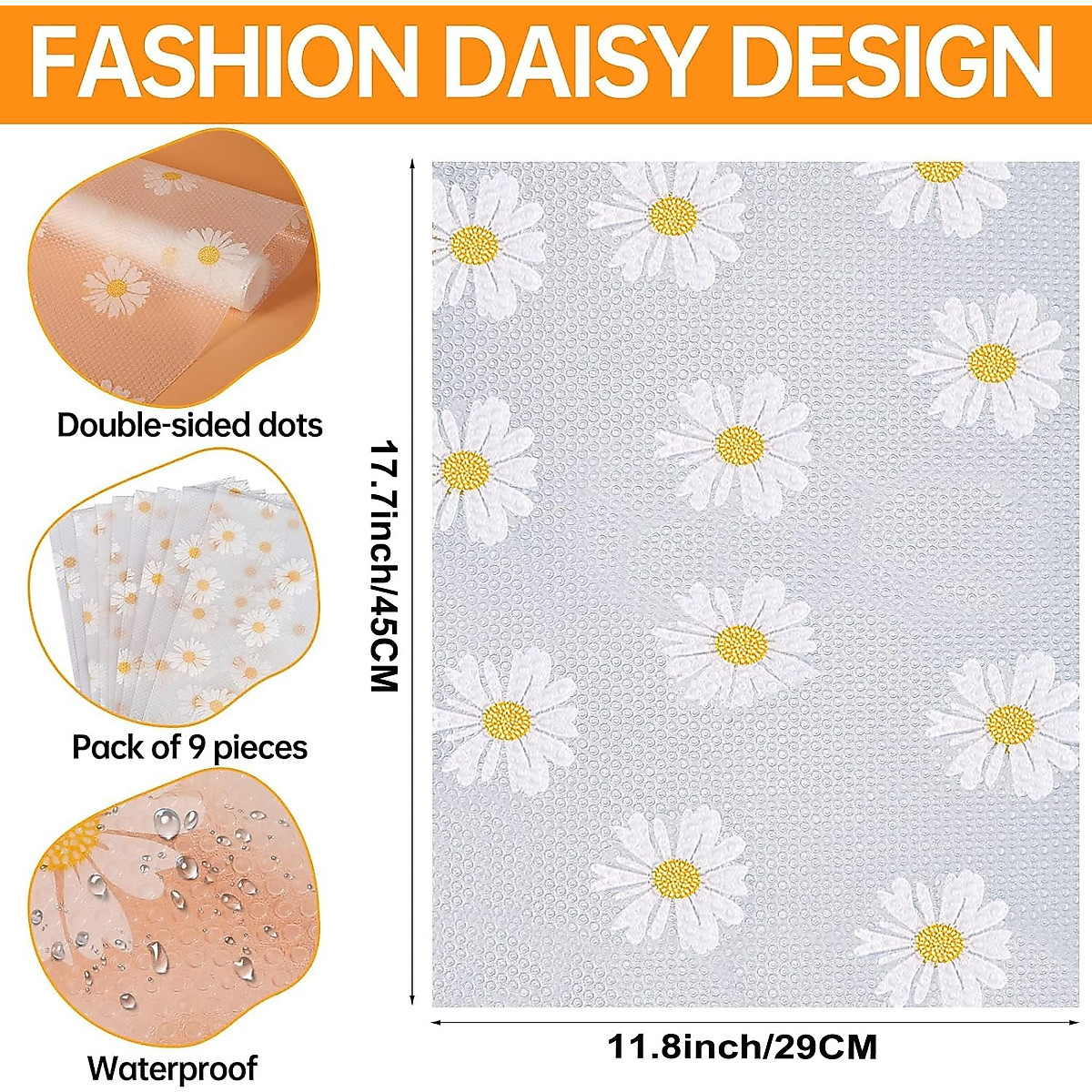 9Pcs Refrigerator Liners,Washable Refrigerator Mats Liner,EVA Daisy Refrigerator Liners,Waterproof Non-Slip Fridge Liners for Drawers Cupboard Placemats,BPA Free,17.7"x11.8",Non Adhesive