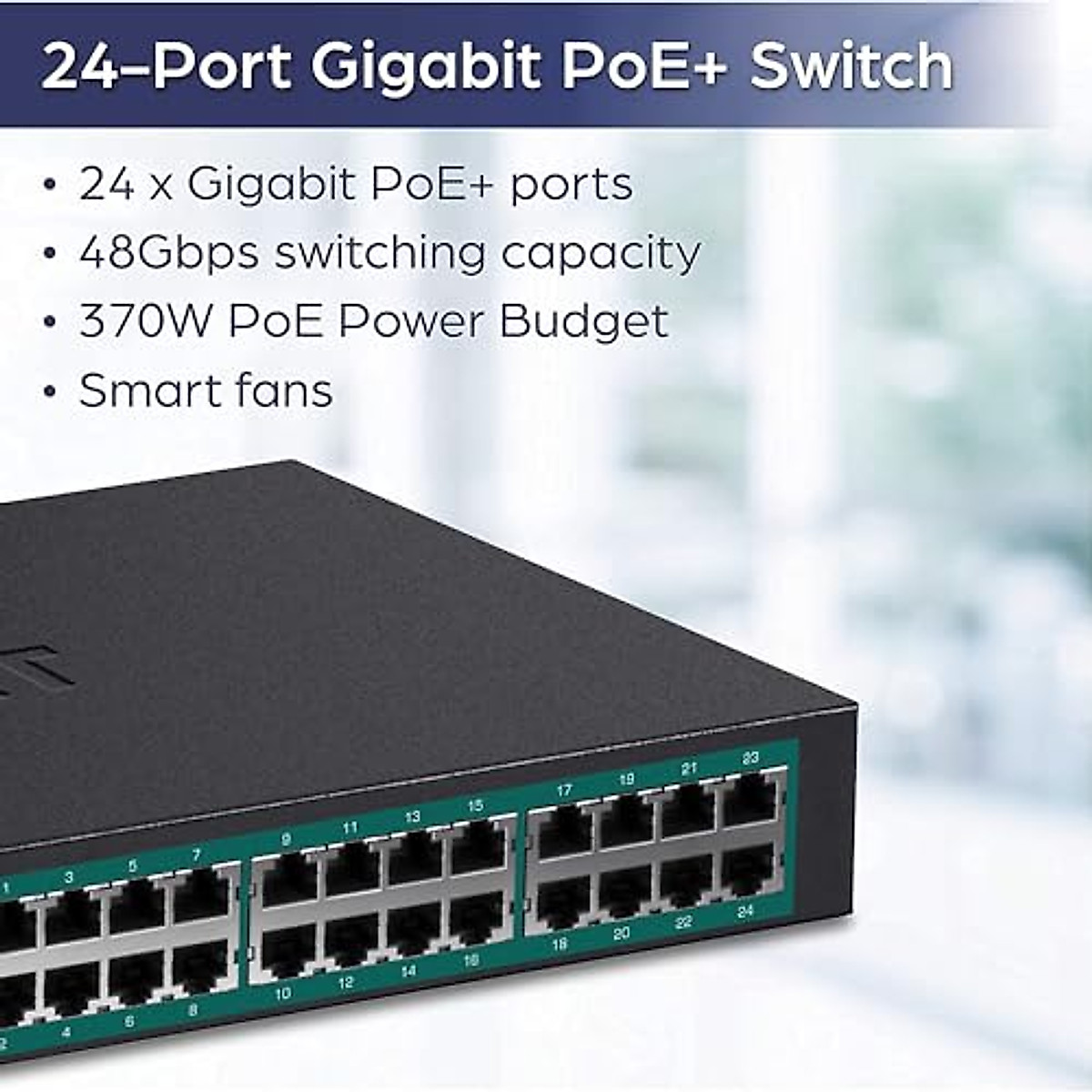 TRENDnet 24-Port Gigabit PoE+ Switch, 24 x Gigabit PoE+ Ports, 370W Power Budget, 48Gbps Switch Capacity, RackMount Kit Included, Ethernet Network Switch, Metal, Lifetime Protection, Black, TPE-TG240G