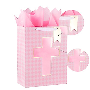 Loveinside Gift Bag with Pink Diamond and Cross Design, Tissue Paper for Baby Girl Baptisms, Christenings, First Communions Religious Occasion - 10" x 5" x 13", 1 Pcs
