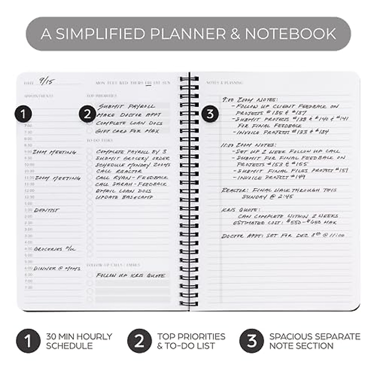 Simplified Daily Planner And Notebook With Hourly Schedule - Aesthetic Spiral To do List Notepad to Easily Organize Your Tasks And Appointments - Stylish Book And School Or Office Supplies For Women