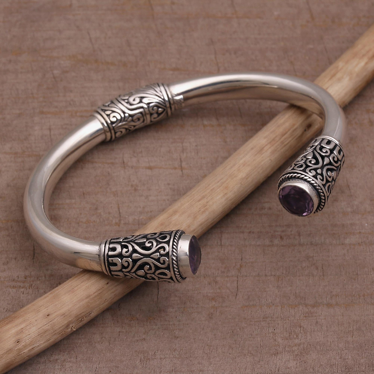 NOVICA Artisan Handmade Amethyst Cuff Bracelet Sterling Silver from Bali Purple Indonesia Birthstone [6 in L (end to End) x 0.4 in W] ' Daylight Altar'