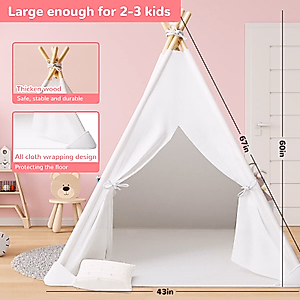 Large Kids Teepee Tent for 2 3 4 5 6 Year Old Girls, Kids Foldable Play Tent with Padded Mat & Light String, Ideal Gifts Toys Tent, White Canvas Teepee Indoor Outdoor Games, Kids Playhouse for Boys