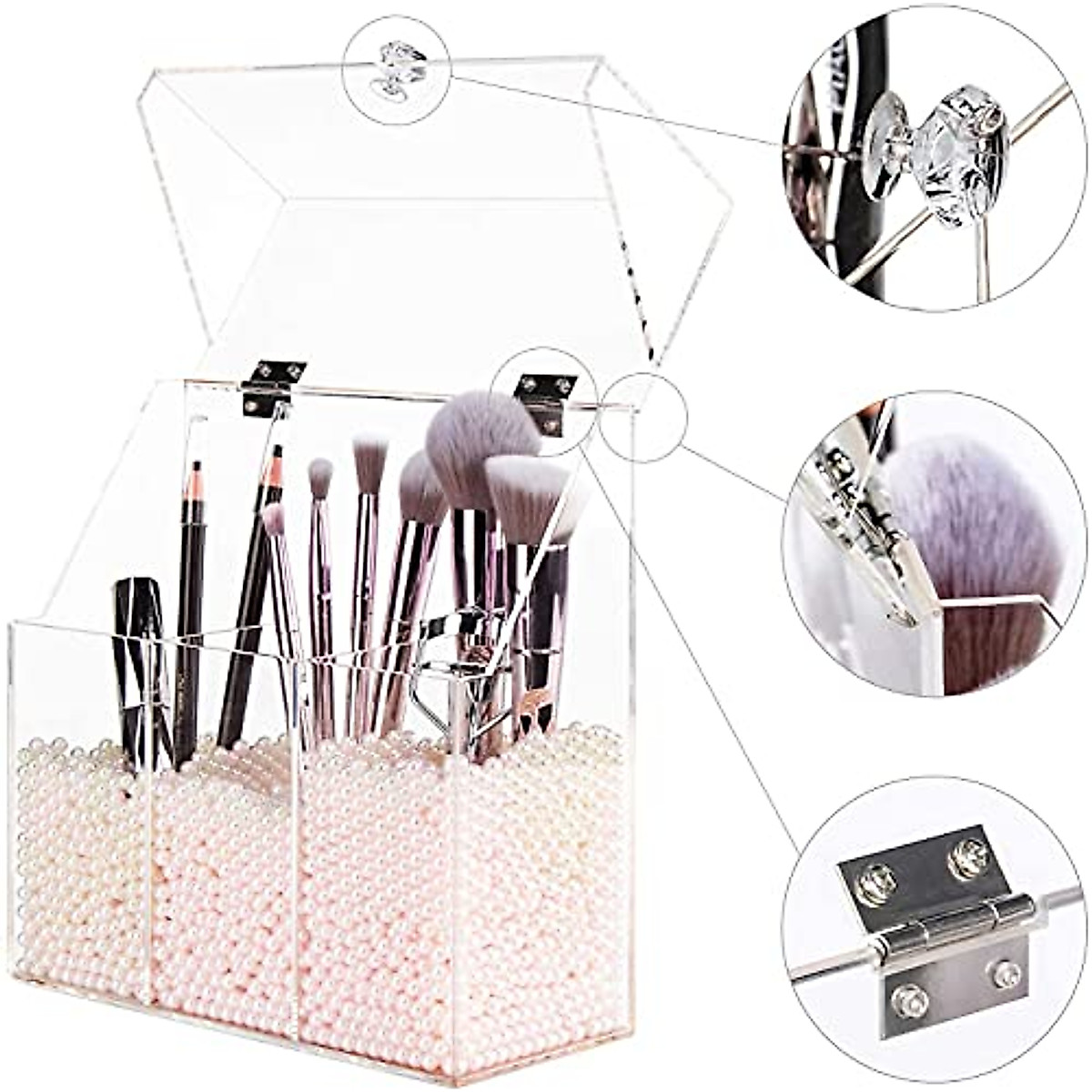 YestBuy Acrylic Makeup Brush Holder, Clear Makeup Brush Organizer For Vanity, Cosmetic Brush Storage Box with Pink Pearls, For Bathroom, Bedroom, Vanity Countertop