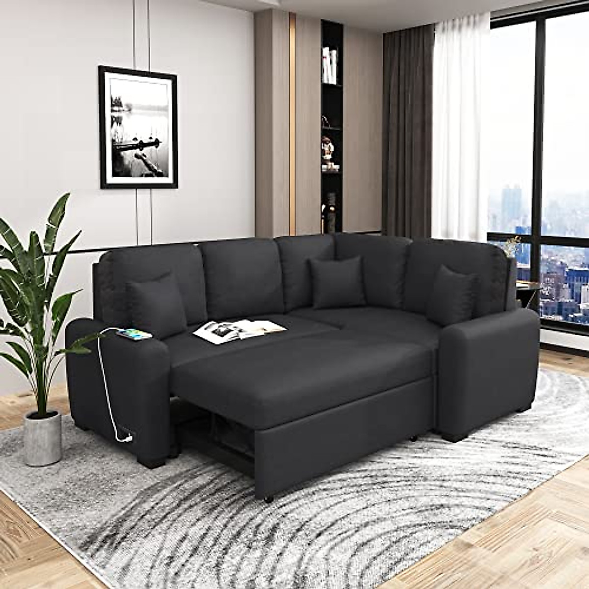 3 in 1 Convertible Sectional Sofa with Pull Out Bed , 87.4" L Shaped Corner Couch with USB Charging Ports & Plug Outlet , Breathable Linen Fabric Conversion Sofabed for Living Room Office Furniture