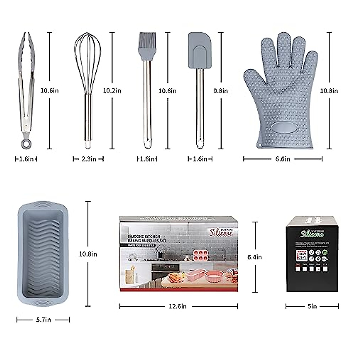 Silicone 6set Bakeware Baking Set, Economical BPA Free Kitchen Baking Pans Heat Resistant Cake Pan, Cake Tools Kit for Bread Pizza Cupcake Muffin Pizza DIY Loaf Cheesecake - Grey