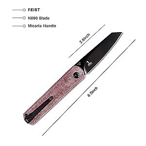 Kizer Feist Red Micarta Pocket Knife, CPM-3V Reverse Tanto Blade Front Flipper Knife for Outdoor, Mini Knife for EDC, V3499ED