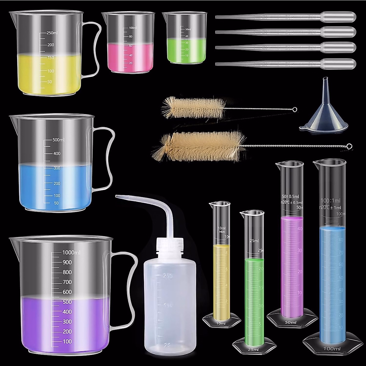 Aeseusia Graduated Cylinders Plastic Beakers, 10ml 25ml 50ml 100ml Plastic Measuring Cylinders, 50ml 100ml 250ml 500ml 1000ml Plastic Beakers with Pipettes,Plastic Funnel,Wash Bottle and Brushes