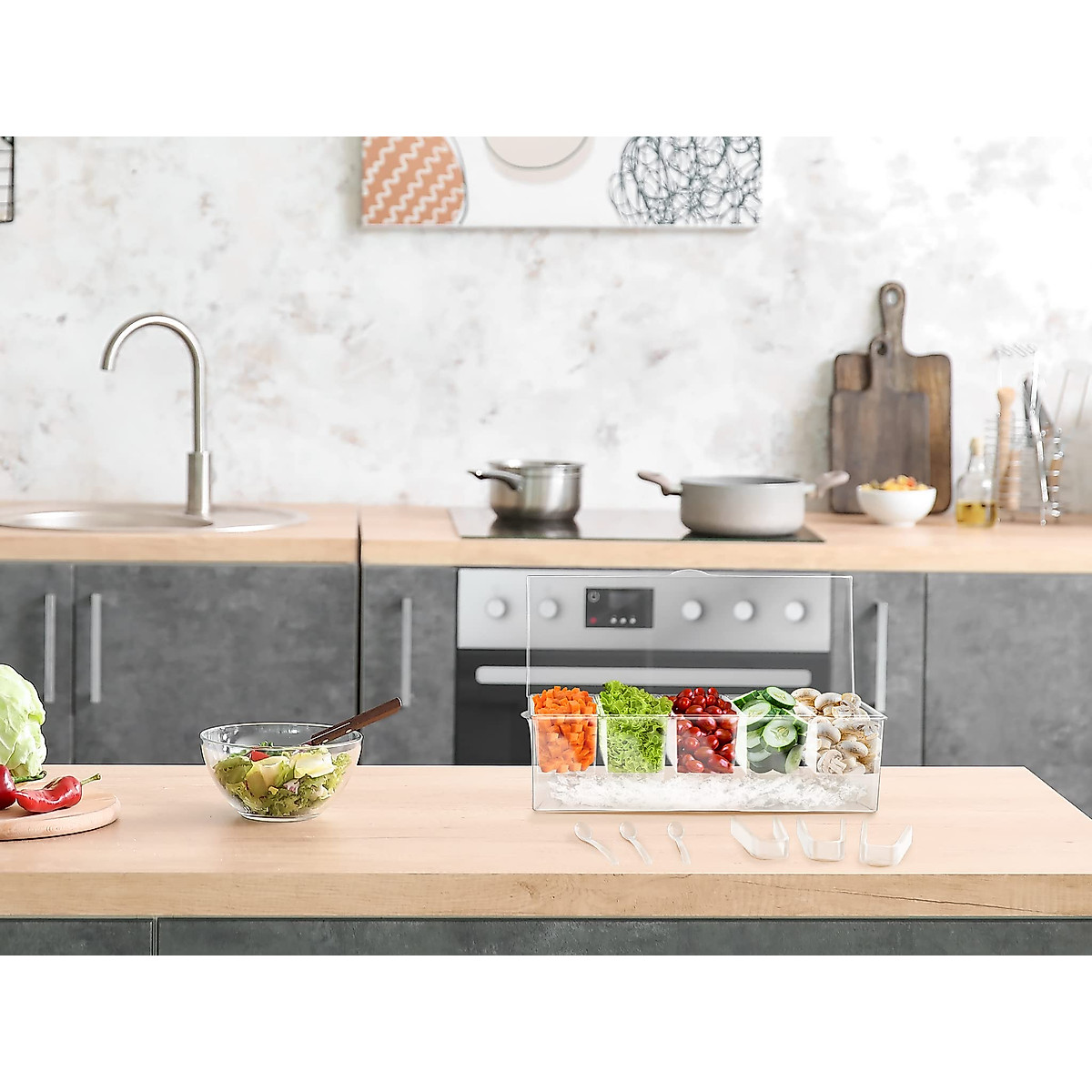 7Penn Condiment Tray with Ice Chamber, 5 Condiment Containers, Lid, 3 Tongs, 3 Spoons - Chilled Condiment Server Caddy