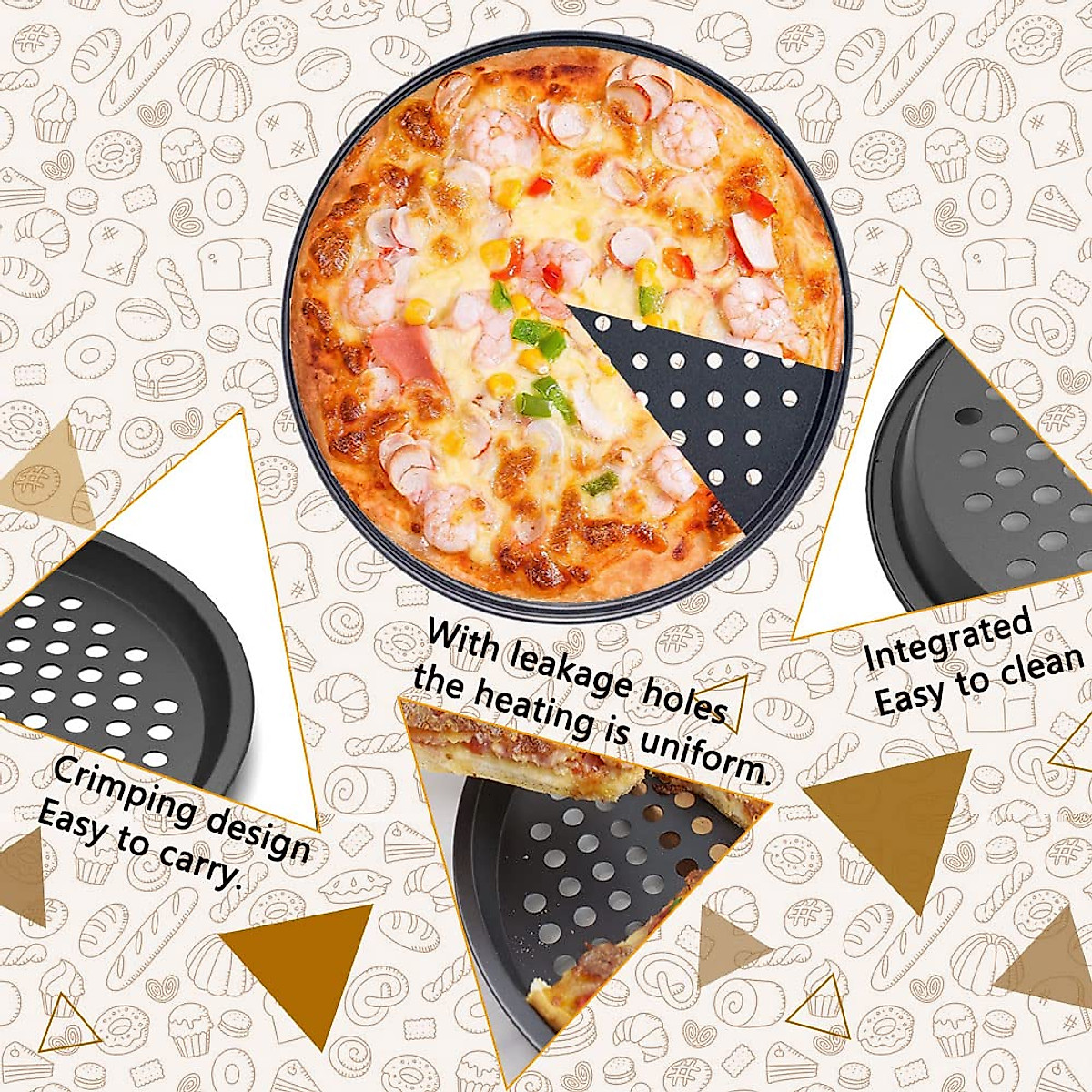 Siticoto Baking Steel Pizza Pan with Holes, 3 Pcs Round Pizza Pan for Oven 9 Inch 11 Inch 12 Inch Pizza Crisper Nonstick Baking Tray Set for Family Restaurant Home Kitchen