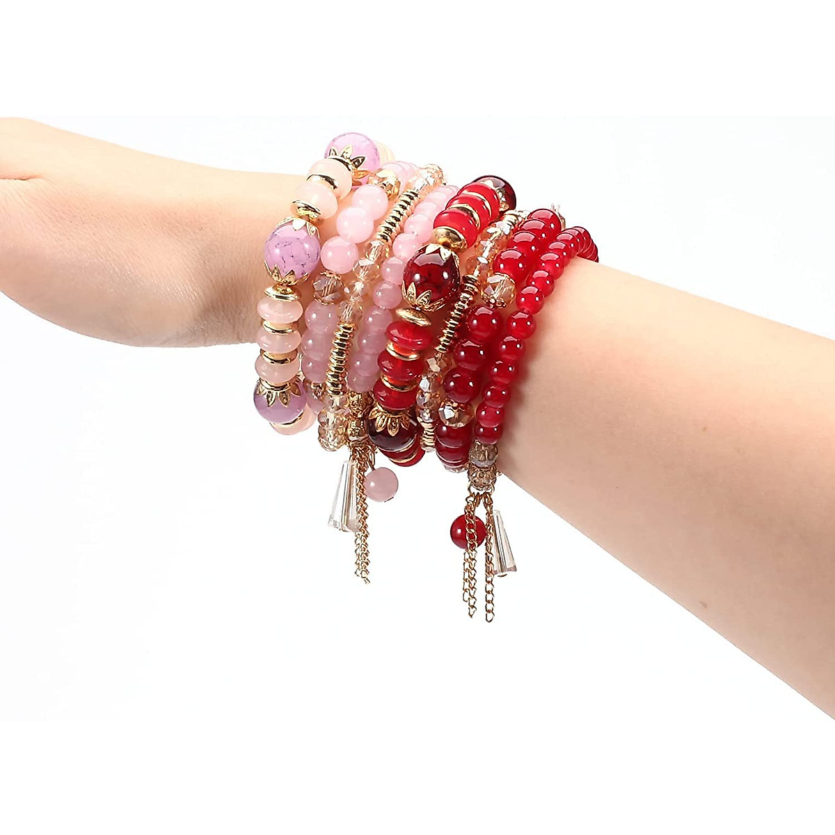 8 Packs Beaded Bracelet Bohe Multilayer Chain Tassel Stackable Charm Stretch Statement Bracelet Set