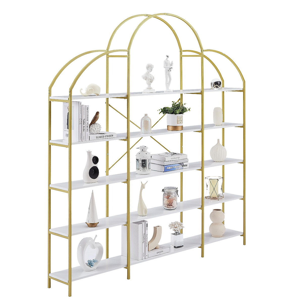 Merax Bookshelf 5 Tiers Bookcase, Gold Display Shelf Organizer with X Bar Frame, Crown-Shaped Design, White