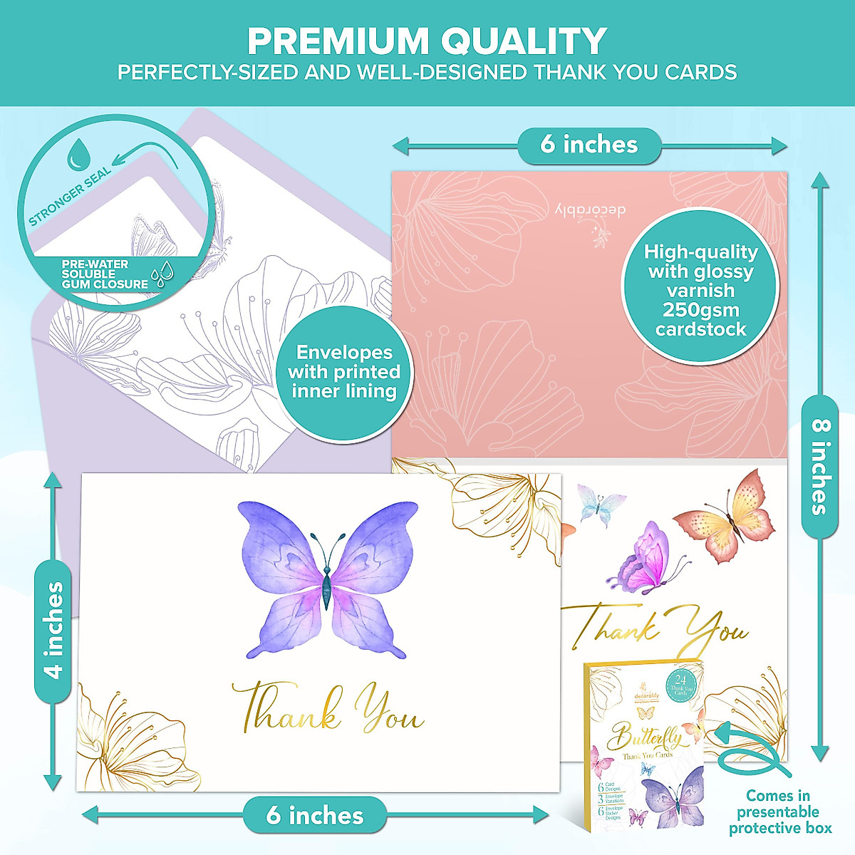 Decorably Thank You Cards with Envelopes & Stickers, Gold-Foiled Kid Cards - 24 Pack Butterfly Thank You Cards with Envelopes Butterfly, Blank Inside 6x4in Thank You Cards Butterfly Note Cards
