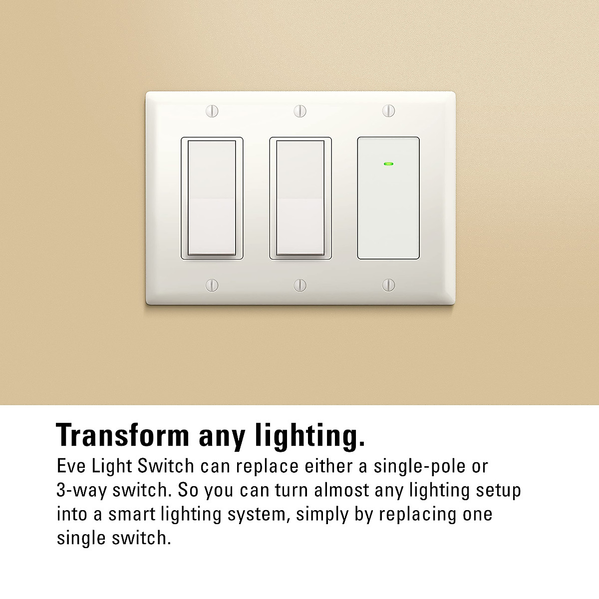 Eve Light Switch – Connected Wall Switch (Apple HomeKit), single, alternating & cross switches, compatible with multi-location setups, schedules, no bridge required, Bluetooth,Thread