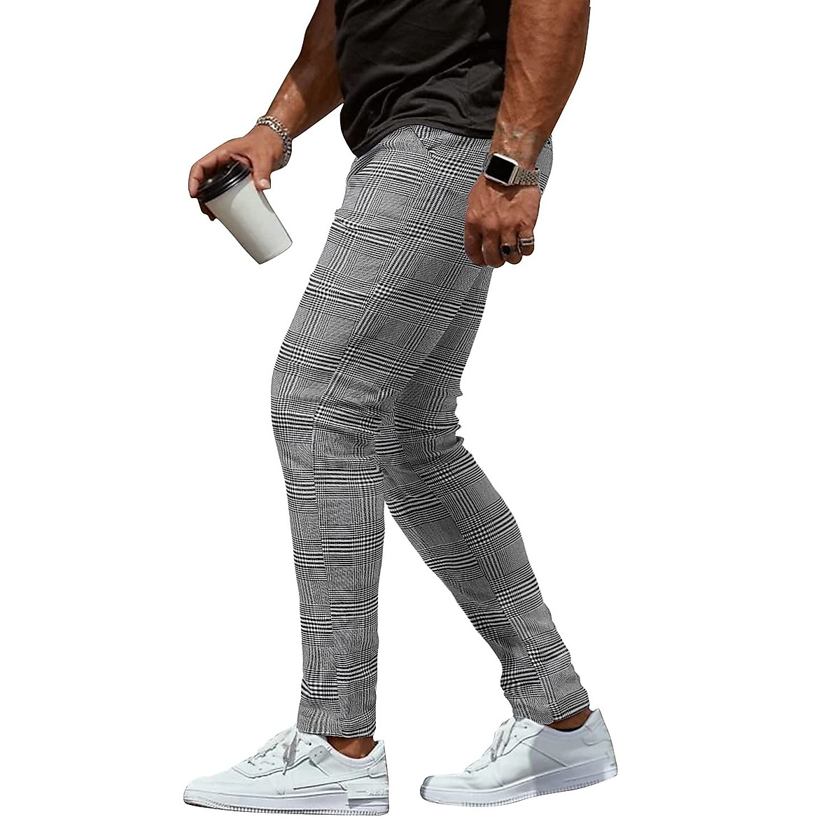 Woenzaia Men's Fashion Slim Fit Plaid Dress Pants Casual Skinny Chinos Pants Stretch Expandable Waist Golf Pants Checkered Travel Slacks(Dark Grey,32