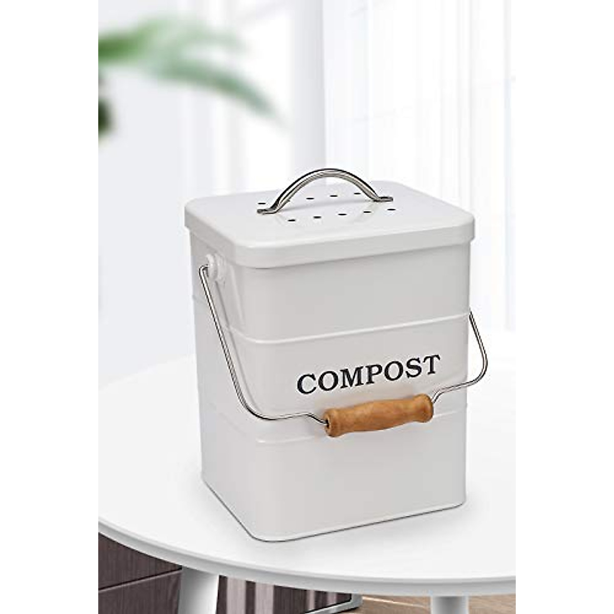 Xbopetda Stainless Steel Compost Bin for Kitchen Countertop,1 Gallon, includes Charcoal Filter,Compost Bucket Kitchen Pail Compost with Lid -White