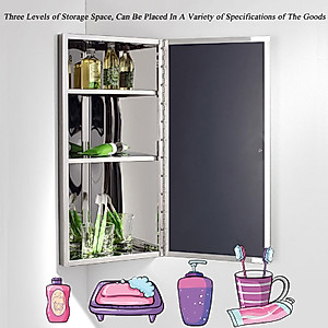 Bathroom Corner Medicine Cabinet with Mirror, Single Door Bathroom Wall Mount Stainless Steels Mirror Cabinet, Hanging Triple Shelf Storage Cabinet 12x24 inches (Left)