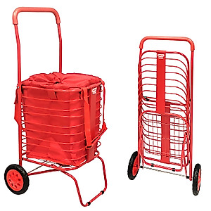 dbest products Cruiser Cart Flex Shopping Bag Cover Grocery Rolling Folding Laundry Basket on Wheels Foldable Utility Trolley Compact Lightweight Collapsible, Red