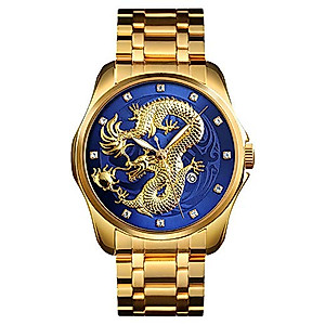 Men Boy Luxury Gold Chinese Dragon Carved Dial Diamond Quartz Watch Casual Waterproof Sport Stainless Steel Wristwatch (Gold Blue)