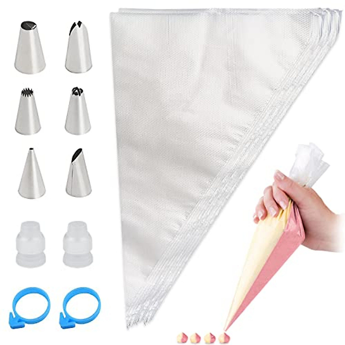 Disposable Piping Bags and Tips Set -100 Pieces 12 Inch Thickened Icing Bags and Tips Set for Pastry, Icing, and Chocolate Covered Strawberries Supplies - Includes Piping Tips Set