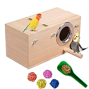 kathson Parrot Nest Box,Parakeet Nesting Boxes,Pet Bird Mating Breeding Wood House with Feeding Spoon 4 Toys Balls for Lovebirds Budgerigar Canary Cockatiel Small Birds (6 PCS)