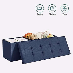 SONGMICS 43 Inches Folding Storage Ottoman Bench, Storage Chest, Foot Rest Stool, Bedroom Bench with Storage, Dark Blue ULSF77IN