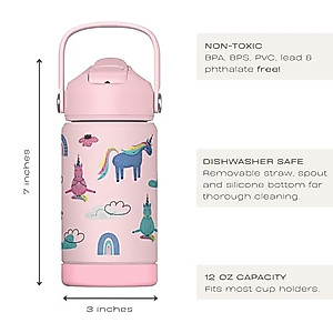 Hippypotamus Kids Water Bottle - Vacuum Insulated Stainless Steel Thermos Bottle With Straw Lid & Soft Spout For Toddlers & Kids - 12 oz (Pink Unicorn)