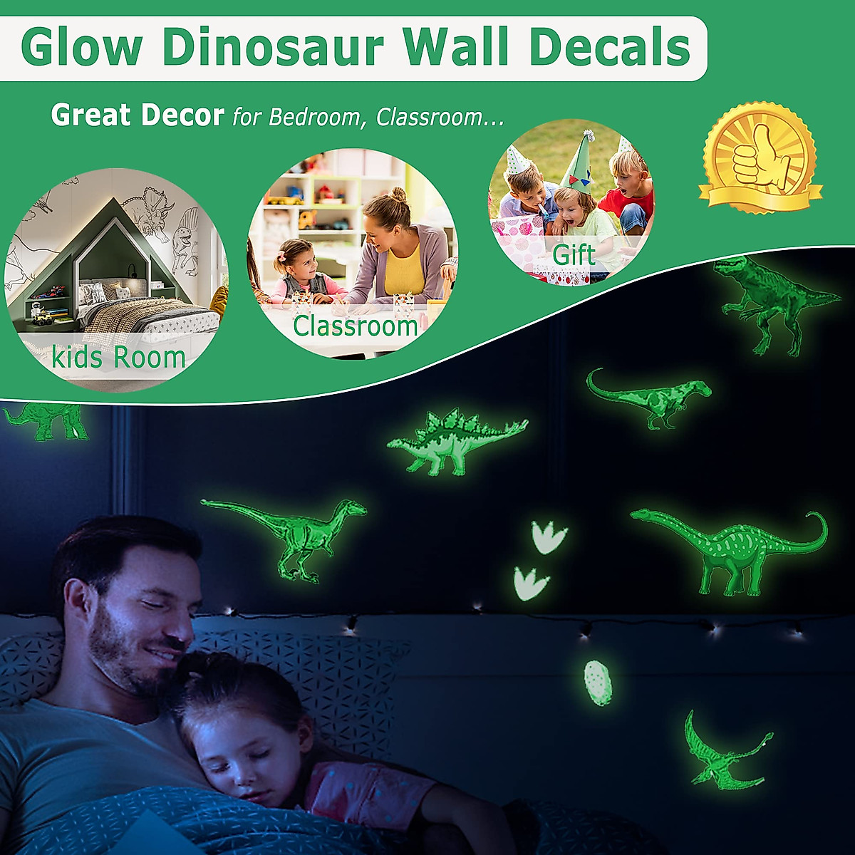Glow in The Dark Dinosaur Wall Decals Stickers, Glowing Dinosaur Wall Stickers Self-Adhesive for Ceiling, Removable Wall Stickers for Boys Bedroom Kids Girls Baby Nursery Gift