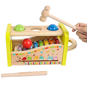 TOWO Wooden Hammer Ball and Xylophone Set - Mallet and Pegs Pound a Ball Tap Bench- Toys for Babies 1 Year Old Baby Boy Girl Toddler Gift - Small Motor Skill Sensory Musical Activity Toys for Kids
