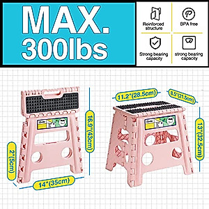Uinicor 13" Folding Step Stool for Adults and Kids Holds Up to 300 lbs,Non-Slip Folding Stools with Handle, Compact Plastic Foldable Step Stool for Bathroom,Bedroom, Kitchen,Sakura Pink 1pc