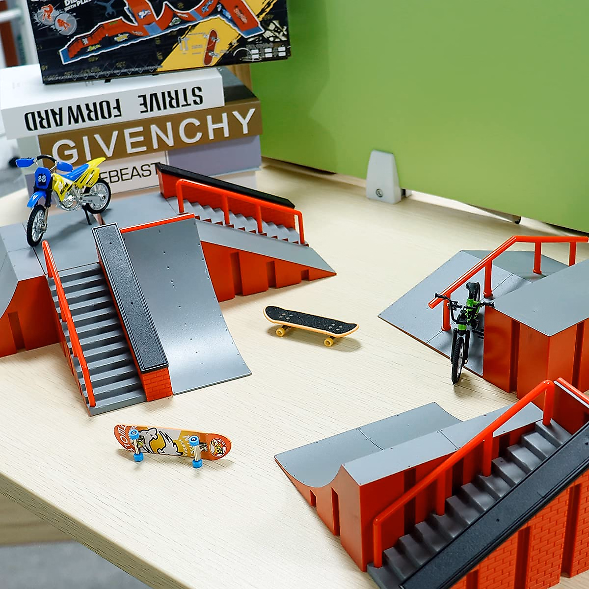 KETIEE Mini Finger Skateboard and Ramp Accessories Set, Skate Park Deck Truck Board Ramp Kit with Finger Skateboards, Fingertip Movement Party Game Toy for Kids (A)