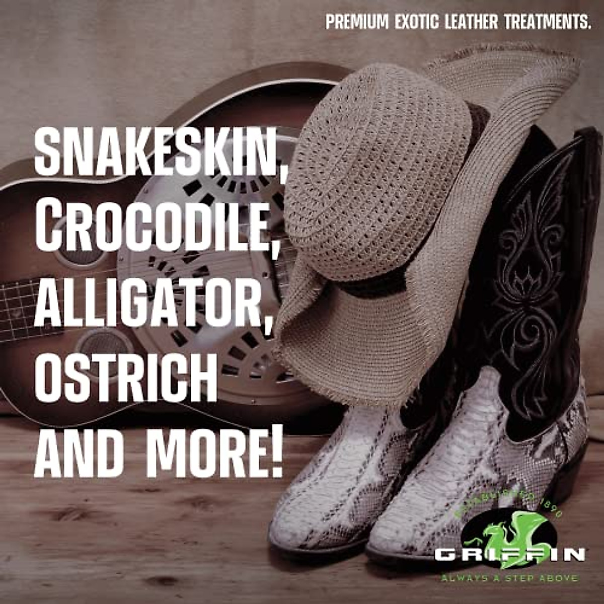 Griffin Western Exotic Leather Conditioner (8 oz.) - Non-Toxic Formula for Cowboy Boots, Snakeskin, Alligator, Crocodile, Leather Apparel and More! - Made in The USA Brown