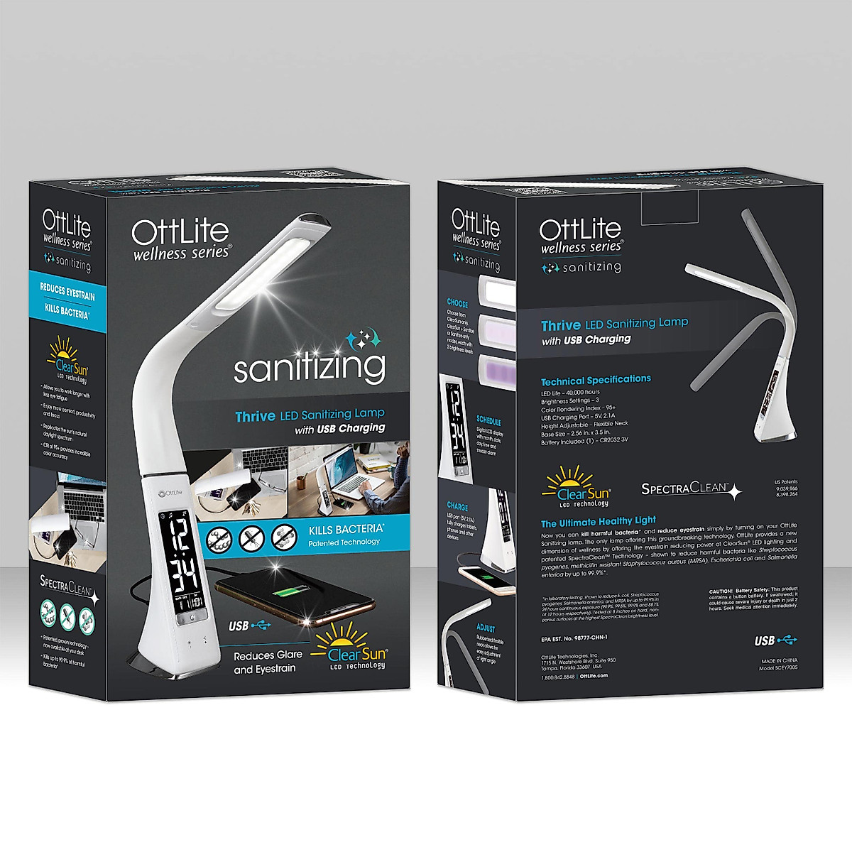 OttLite Thrive LED Sanitizing Desk Lamp with Clock and USB Charging - Eliminates up to 99.9% of Bacteria, Touch Activated, Flexible Neck, Modern Light for Reading, Crafting & Office Desktop