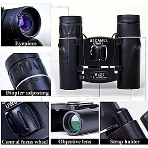 USCAMEL Folding Pocket Binoculars Compact Travel Mini Telescope HD Bak4 Optics Lenes Easy Focus 8x21 Colour Black
