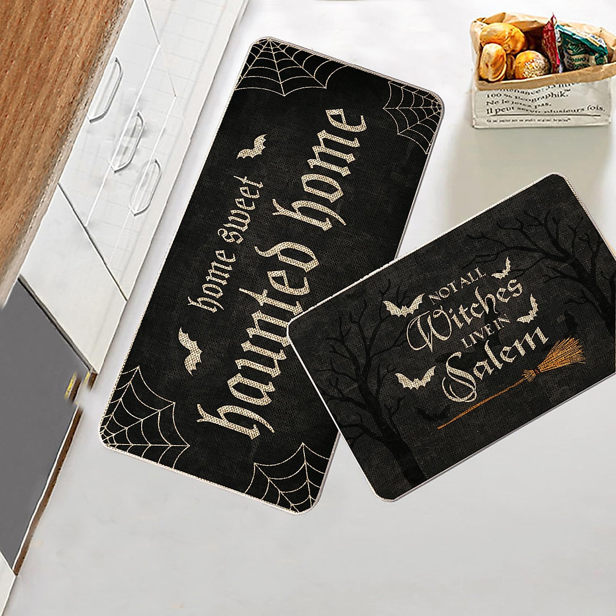 GAGEC Halloween Kitchen Mat Set of 2, No All Witch Live in Salem Kitchen Rug, Bat Broom Halloween Farmhouse Party Floor Mat for Home Kitchen Decorations - 17x27 and 17x47 Inch