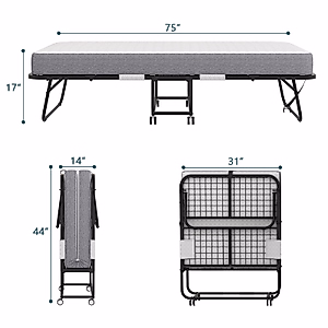Espsilto Folding Bed with Mattress, Fold up Bed Cot Size 75" x 31" Portable Bed with Memory Foam Mattress, Foldable Bed for Guest, Rollaway Bed for Adults