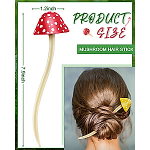 Taiyin Hair Clip Mushroom Hair Sticks, 2 Pcs Christmas Hair Sticks for Long Hair, Cute Print Hair Sticks Accessories for Women/Girls, Red, Yellow