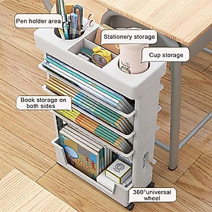 PINNKL Mobile Bookshelf on Wheels, 5 Tier Multi-Functional Movable Storage Book Shelves Rolling Utility Cart with Lockable Casters for Kids, Students, Teachers and Adult