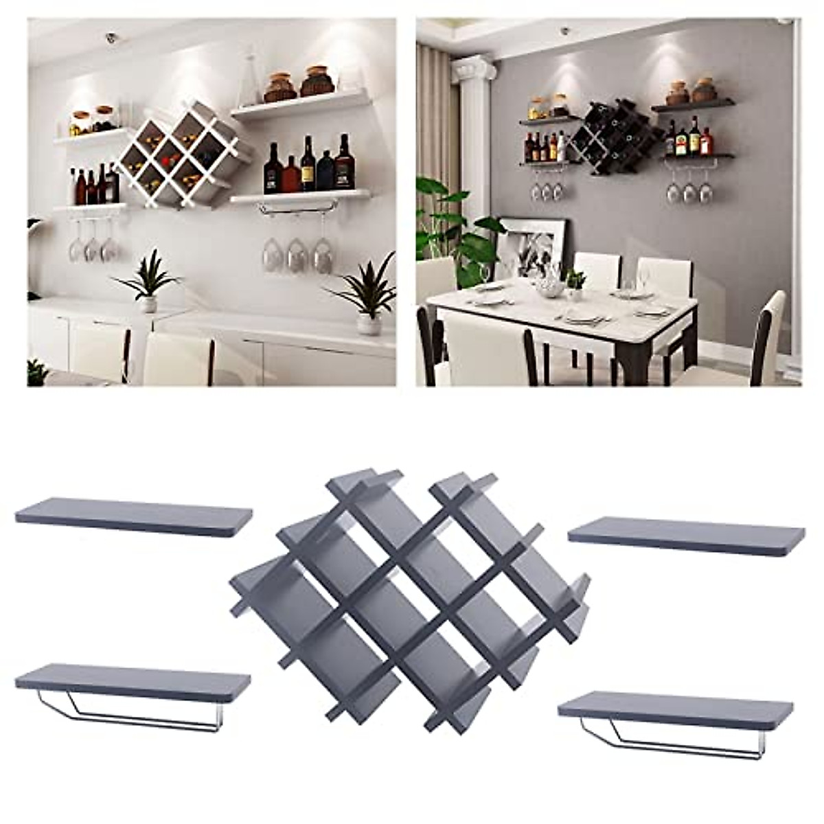 LOYALHEARTDY Set of 5 Wall Mount Wine Rack Set w/Storage Shelves and Glass Holder Modern Diamond-Shaped Wood Wine Server for 8 Bottles Wine Storage Display Rack (Black)