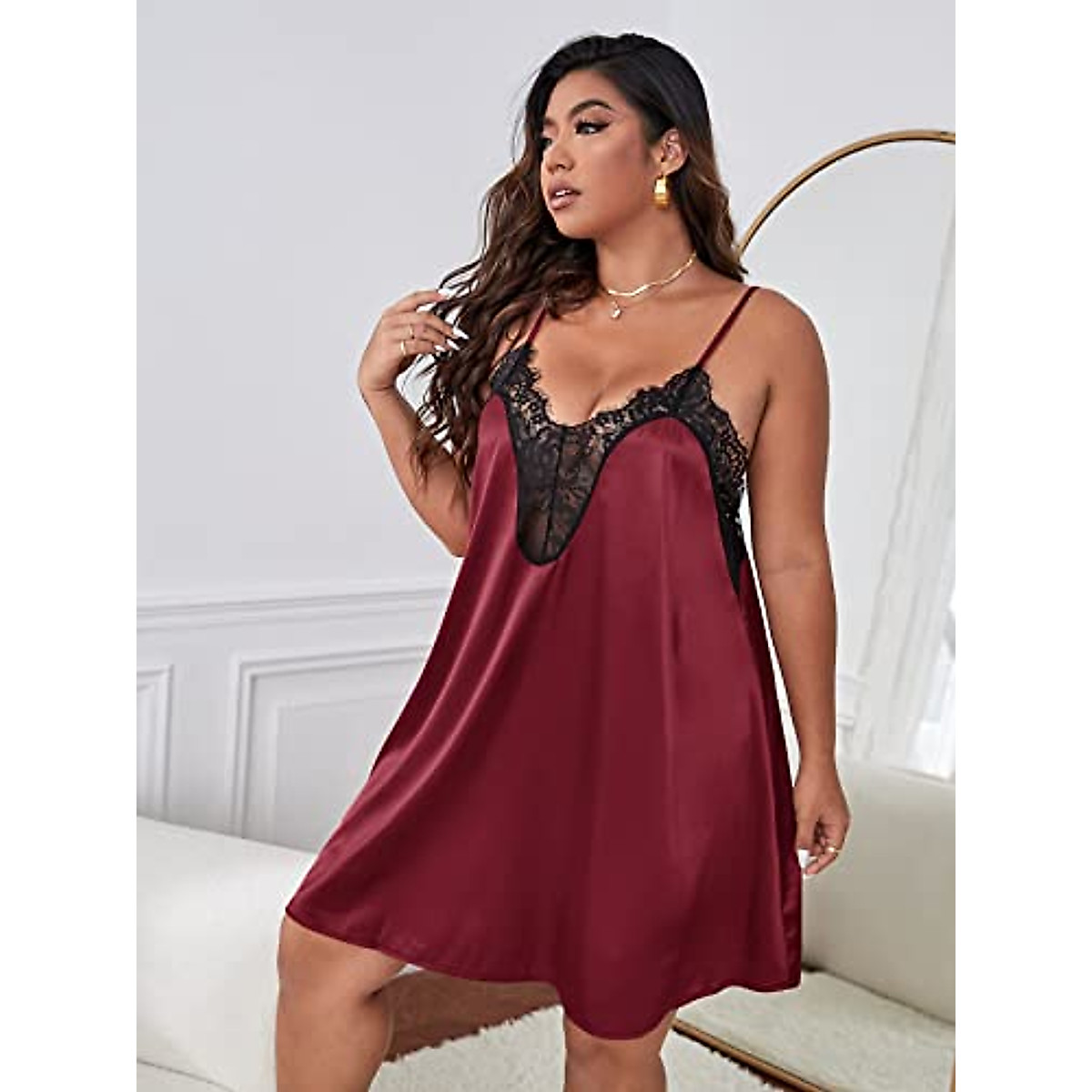 MakeMeChic Women's Plus Size Satin Slip Nightgown Lace Trim Silk Cami Night Dress Sleepwear Burgundy 5XL