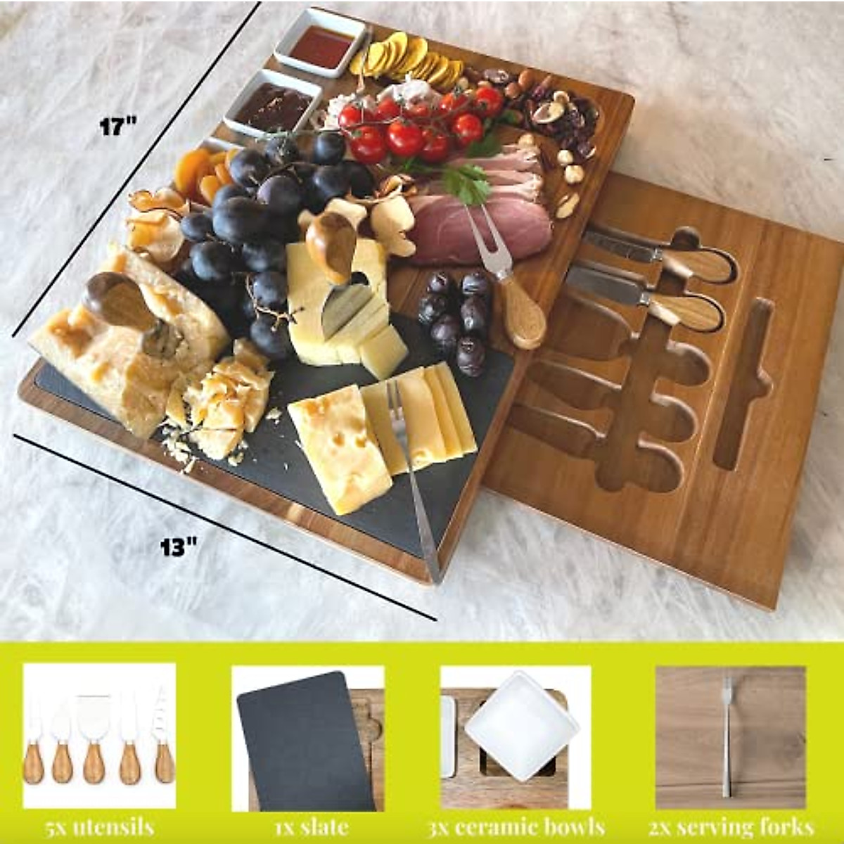Wooden Charcuterie Board Set (11pcs) - Cheese Board Set with Extra Large Charcuterie Board, Knife, Forks, Bowls - Perfect Charcuterie Boards Gift Set - Beautiful Charcuterie Meat and Cheese Platter