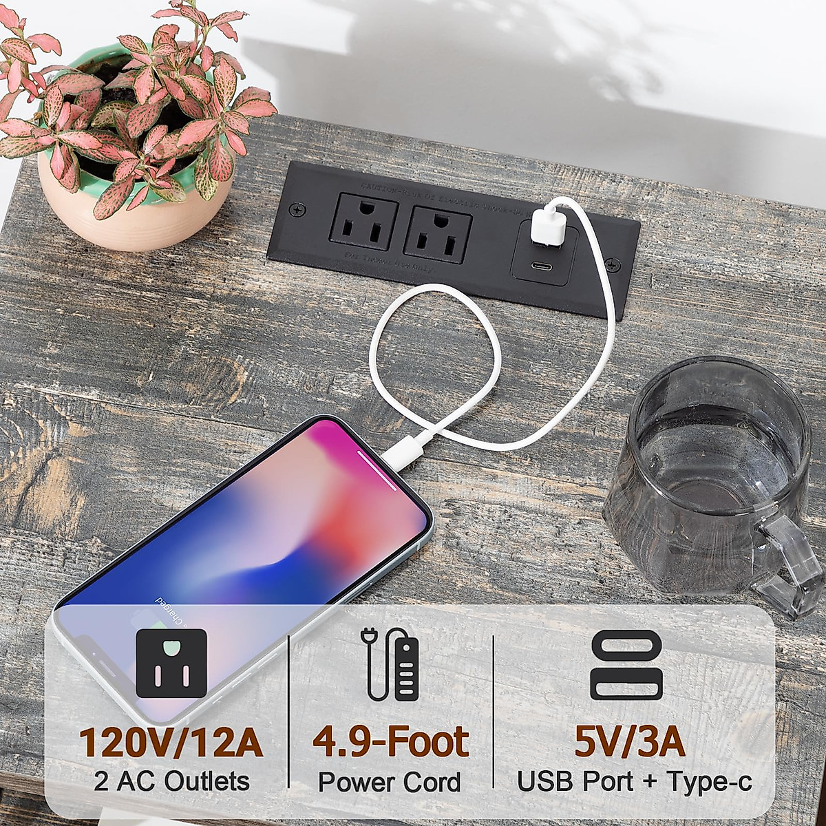 AMHANCIBLE Night Stand Set 2, LED Nightstand with Charging Station, End Tables Living Room with Fabric Drawers, Bedside Table for Bedroom, Ink Grey, HET052LKG