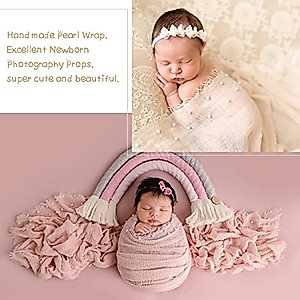 4 PCS Newborn Photography Props Wrap Knit Handmade Pearl Decor Wrap Blanket Swaddle Baby Photo Props Baby Photoshoot Props Prop 2PCS Newborn Photography Wraps + 2PCS Headband(Snow Powder/Beige)