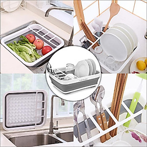 UMIKAkitchen Collapsible Dish Drying Rack - Popup and Collapse for Easy Storage, Drain Water Directly into The Sink, Room for Eight Large Plates, Sectional Cutlery and Utensil Compartment