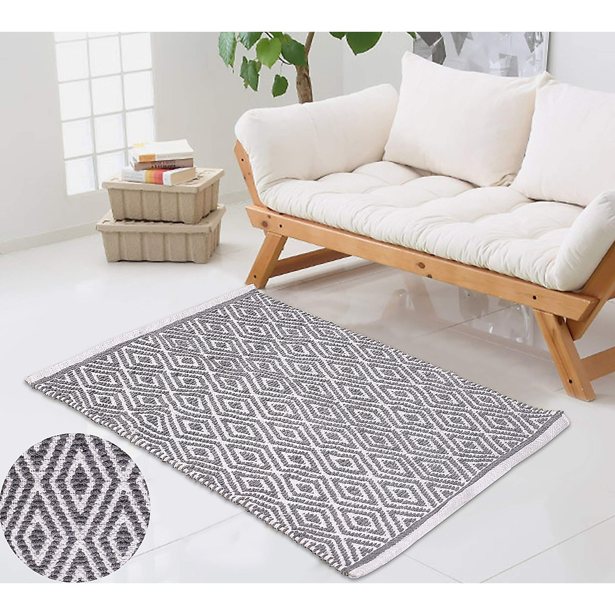 THE BEER VALLEY Cotton Diamond Rug 21x34 Inches - Grey, Reversible Machine Washable Accent Rugs for Bedroom, Kitchen, Entryway, Bathroom